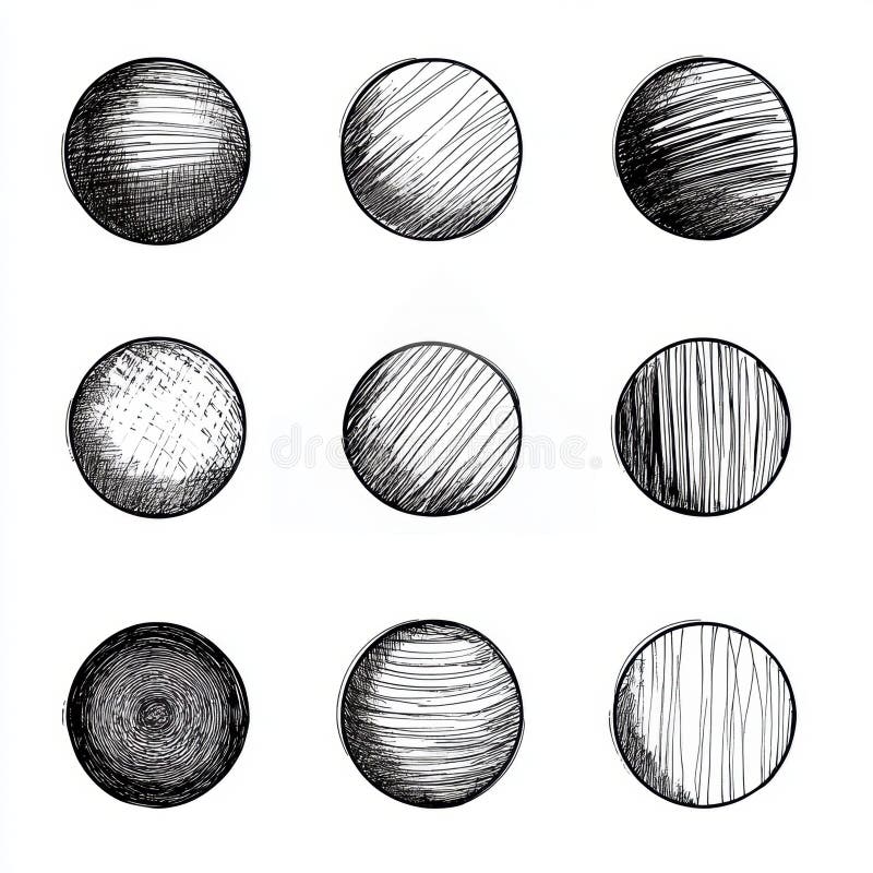 Nine Circular Patterns Showcasing Various Hand-drawn Textures and Lines ...