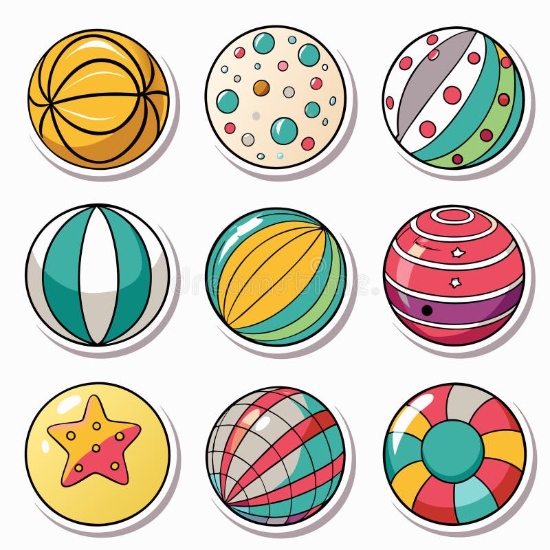 Nine Colorful Balls in a Cartoon Style with Sticker Stock Vector ...