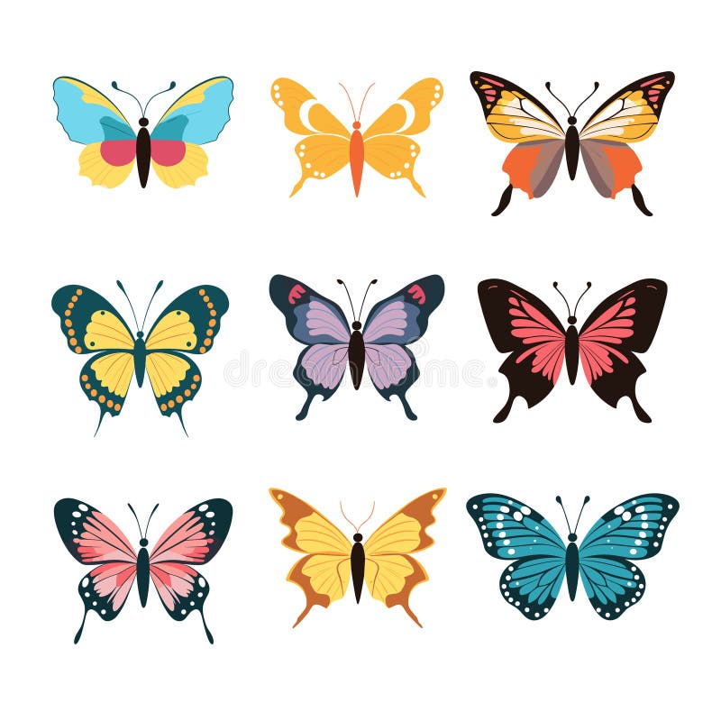 Nine Colorful Butterfly Illustrations Displayed Against Solid ...