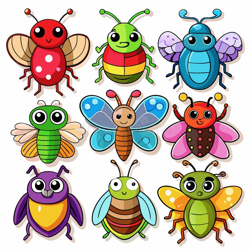 Nine Colorful Cartoon Bugs with Large Eyes and Smiles Stock Vector ...