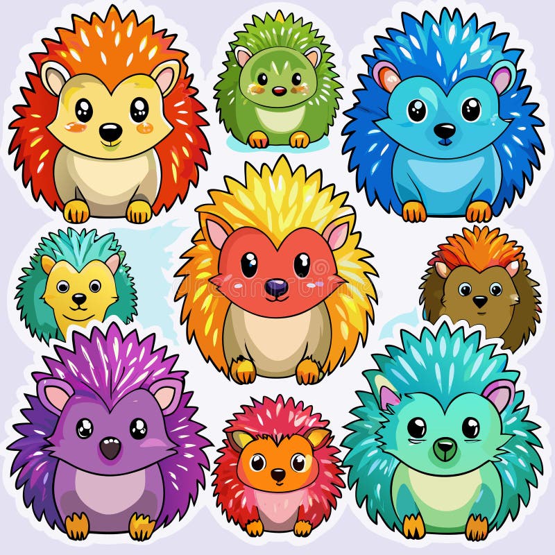 Nine Colorful Cartoon Hedgehogs with Big Eyes Stock Vector ...