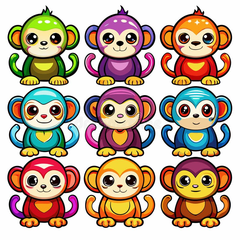 Nine Colorful Cartoon Monkeys Sitting with Big Eyes Stock Vector ...