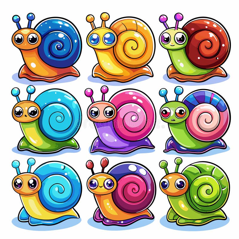 Nine Colorful Cartoon Snails with Big Eyes and Different Shells Stock ...