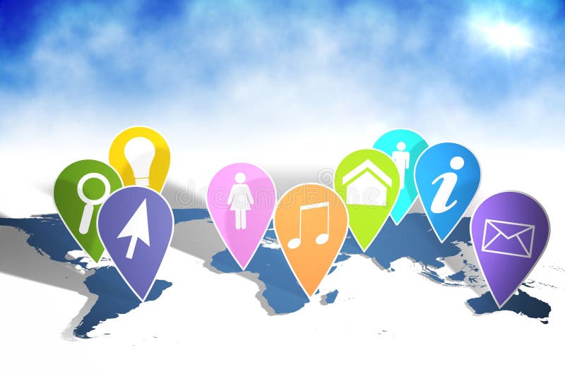 Nine Colorful Icon Pins are Floating Above Flat Design Blue World Map ...