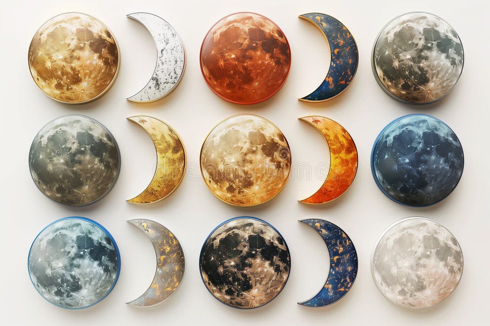 Nine Colorful Moon Magnets Arranged on a Table Stock Photo - Image of ...