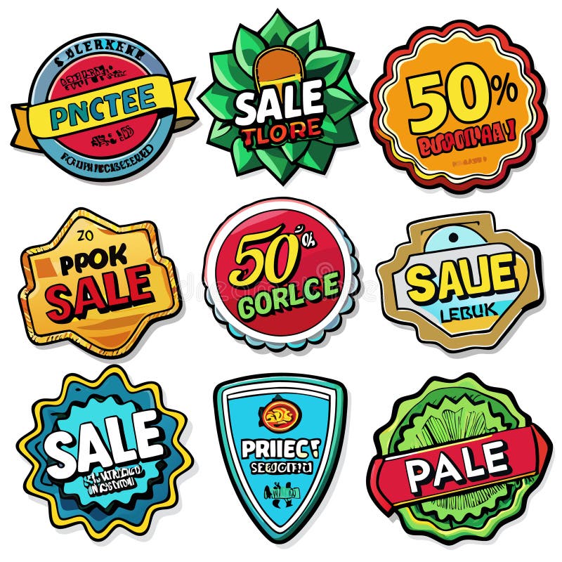 Nine Colorful Sale Labels with Various Designs and Tex Stock Vector ...