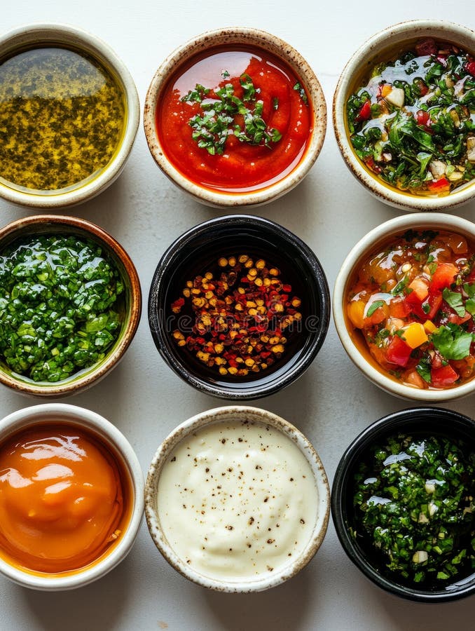 Nine Colorful Sauce Bowls with Various Condiments. Stock Photo - Image ...