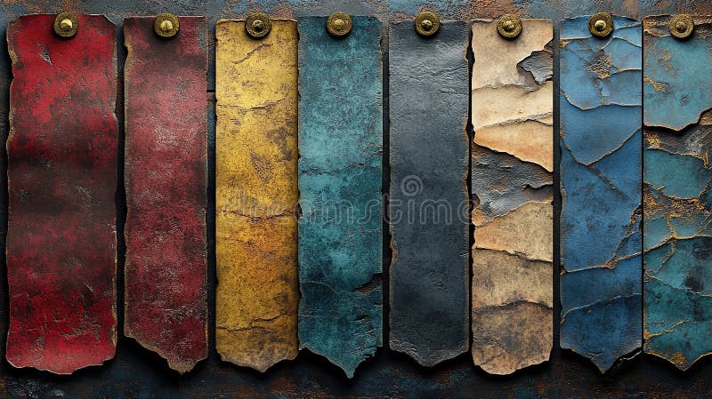 Nine Colorful, Weathered, Leather Strips Fastened with Rivets on a ...