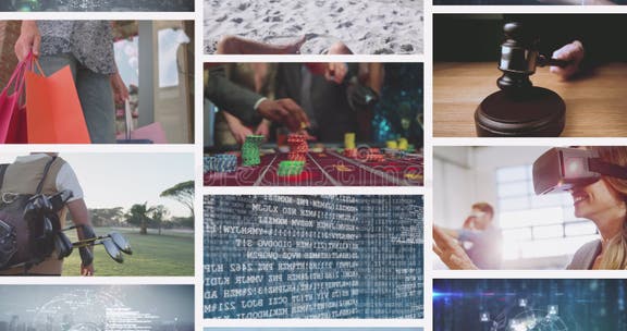 Nine Composite Screens, Including Data Processing, Vr, Golf Player ...