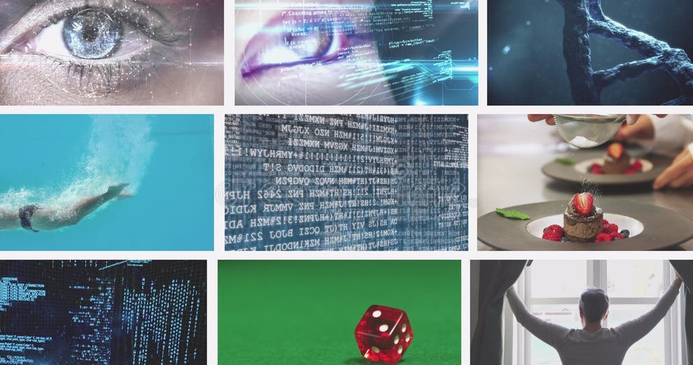 Nine Composite Screens, Including Eyes, Digital Technology, Dna, Dice ...