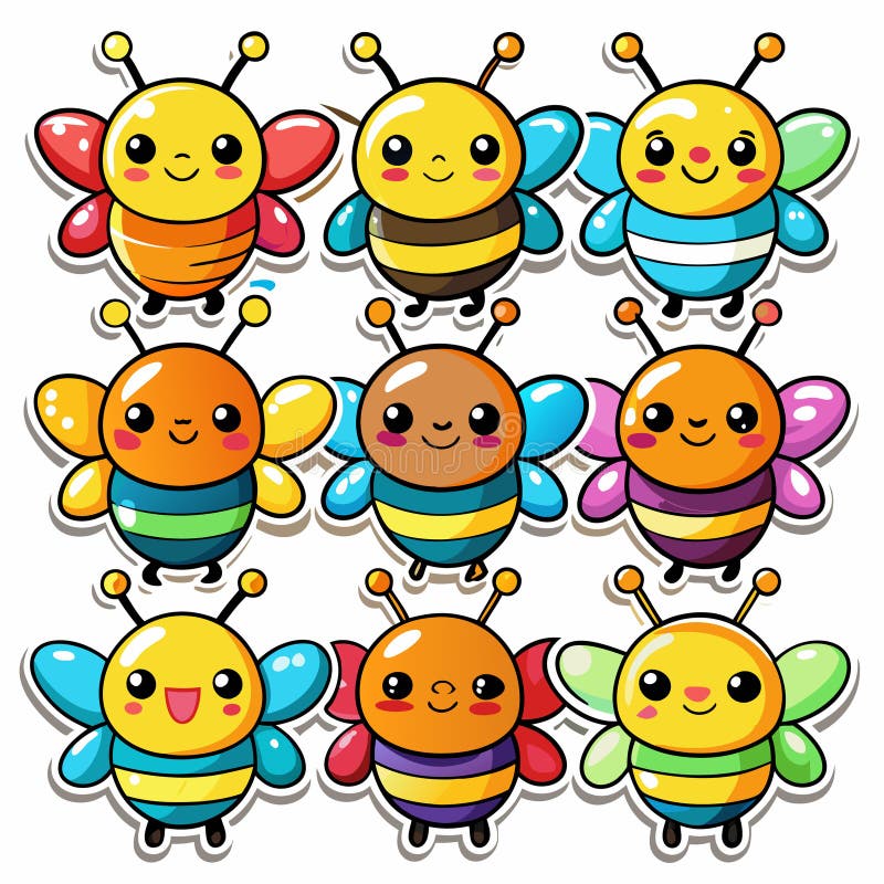 Nine Cute Cartoon Bees with Different Colored Stripes and Wings in a ...