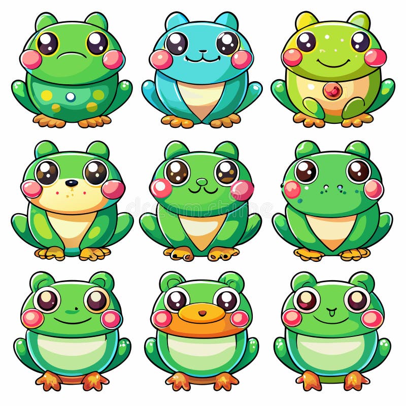 Nine Cute Cartoon Frogs with Different Expressions Stock Vector ...