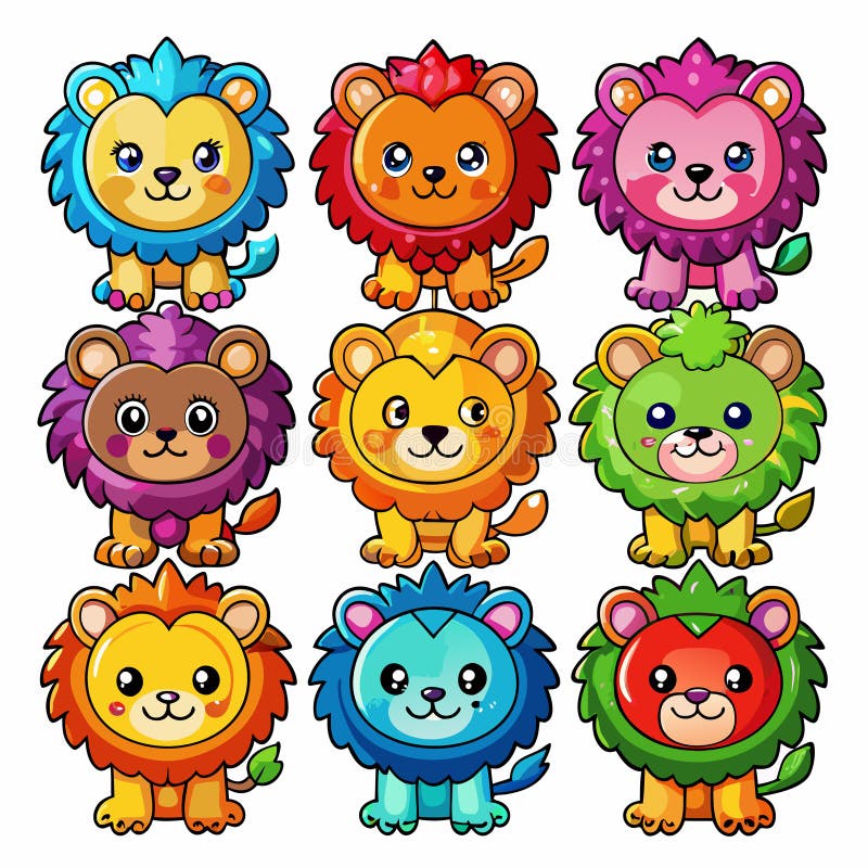 Nine Cute Cartoon Lions in Different Colorful Manes Stock Vector ...