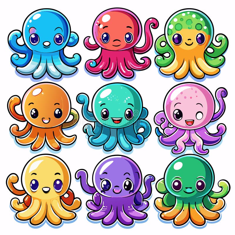 Nine Cute Cartoon Octopuses in Different Colors and Expressions Stock ...
