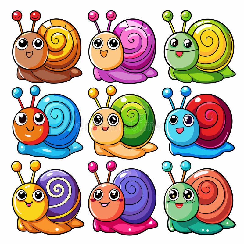 Nine Cute Cartoon Snails with Different Shell Color Stock Vector ...