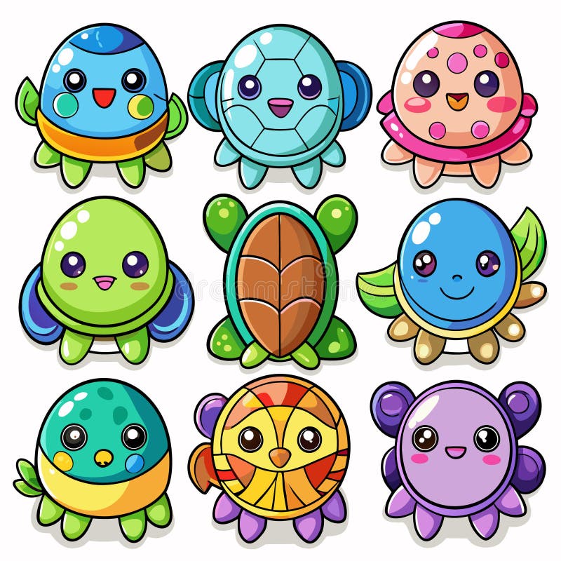 Nine Cute Cartoon Turtles with Different Colors, Poses and Expressions ...