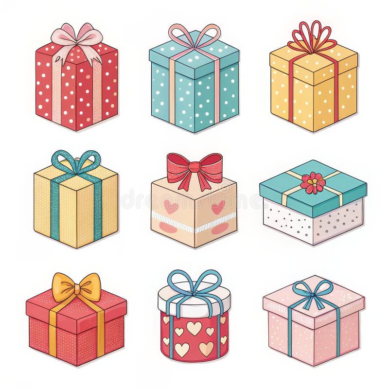 Nine Cute Gift Boxes Isometric Illustration, Vector Graphic, Present ...