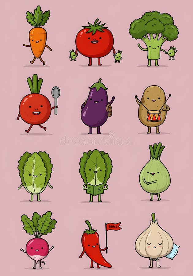 Nine Cute Mini Cartoon Vegetable Characters Stock Illustration ...