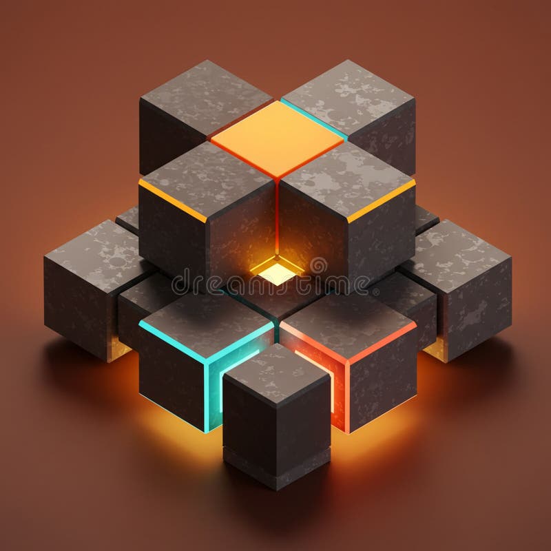 Nine Dark Cubes Arranged in a 3D Pattern, Each with Glowing Edges and a ...