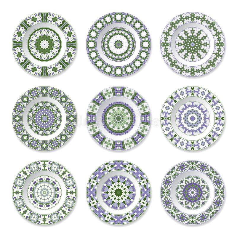 Nine Decorative Plates with Circular Colored Pattern Stock Vector ...