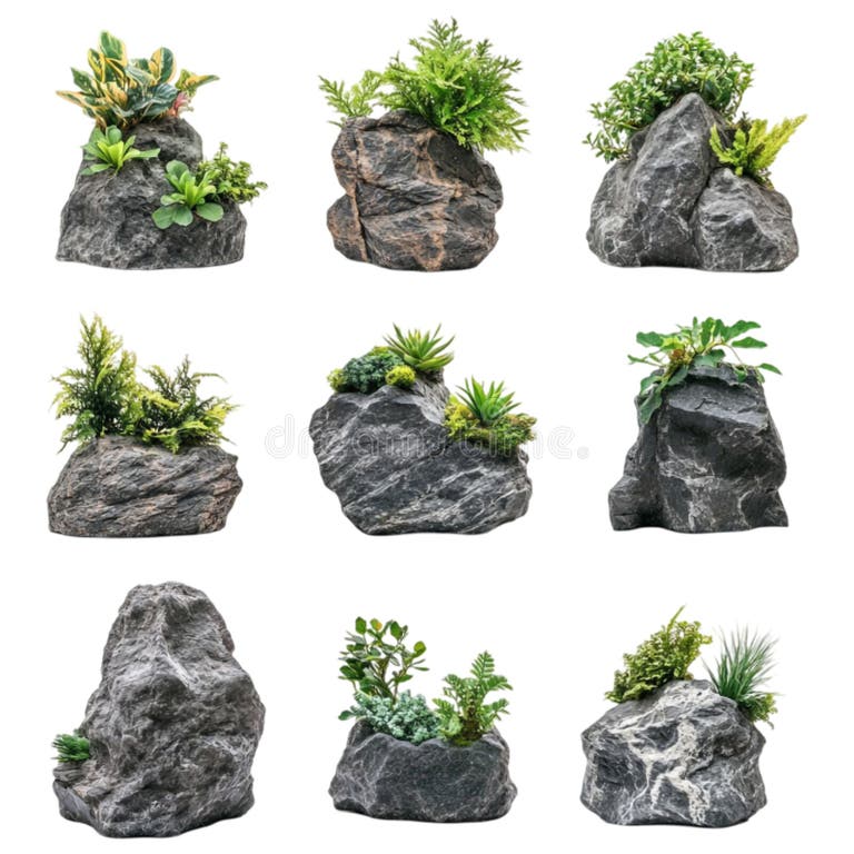 Nine Decorative Rock Planters with Assorted Greenery Artificial Plants ...