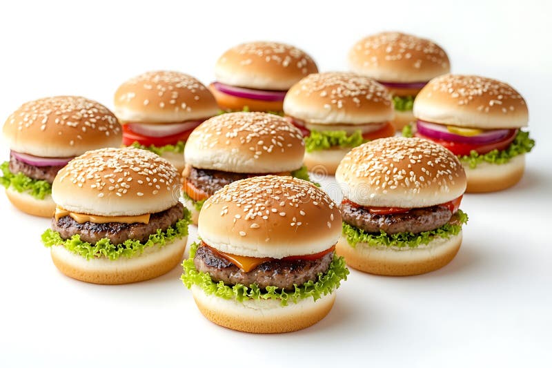 Nine Delicious Mini Cheeseburgers on White Background Stock ...