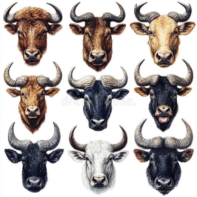 Nine Detailed Illustrations of Various Bulls with Different Colors and ...