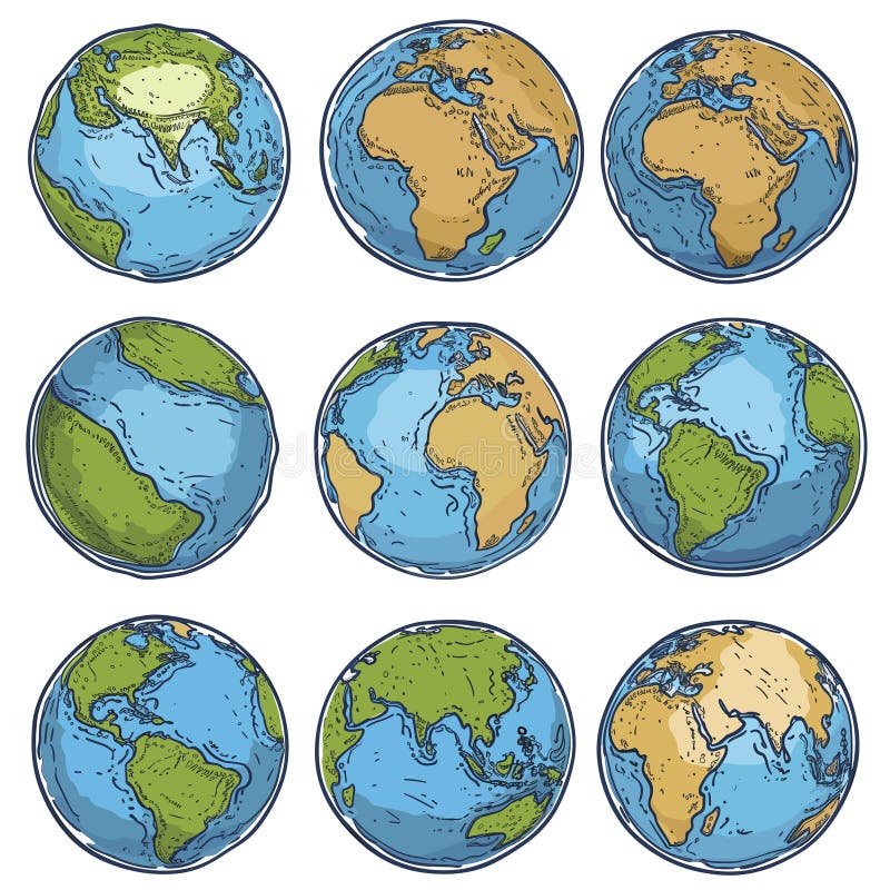 Nine Different Globe Illustrations Featuring Varied Geographic ...