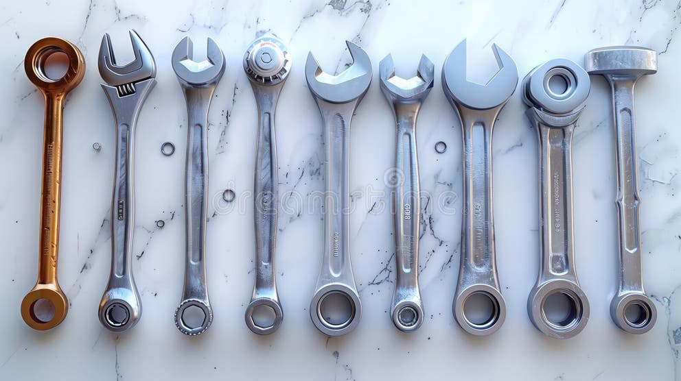 Nine Different Wrenches Laid Out on a Marble Surface Stock Image ...