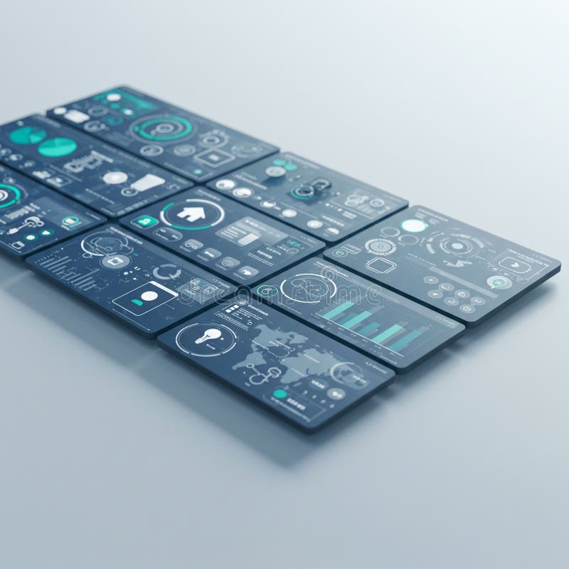 Nine Digital Interface Panels Arranged in a Grid, Featuring Futuristic ...