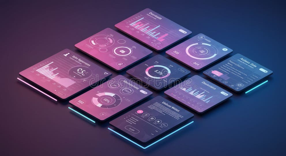 Nine Digital Interface Panels Display Various Data Visualizations ...