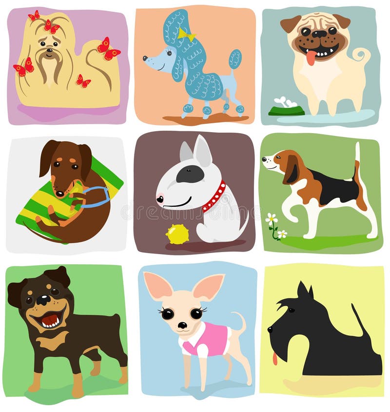 Nine Dog Breeds in Cute Cartoon Style Stock Vector - Illustration of ...