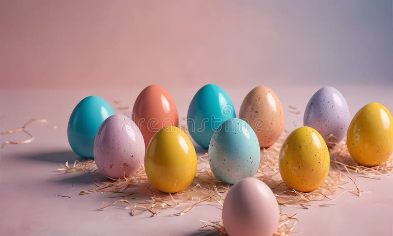 Nine Easter Eggs in Various Pastel Shades are Arranged on Pink ...