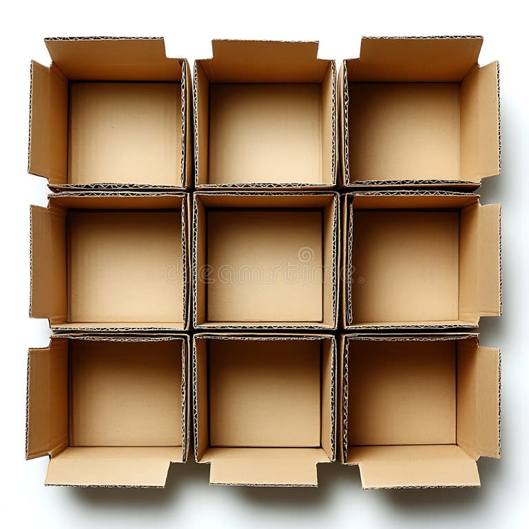Nine Empty Cardboard Boxes Arranged in a Grid on a White Background ...