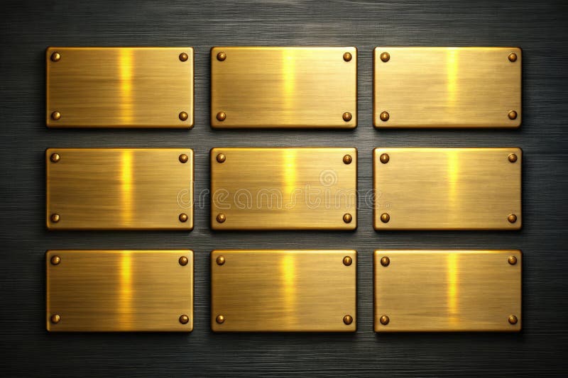 Nine Empty Golden Rectangular Nameplates on a Dark Background a ...