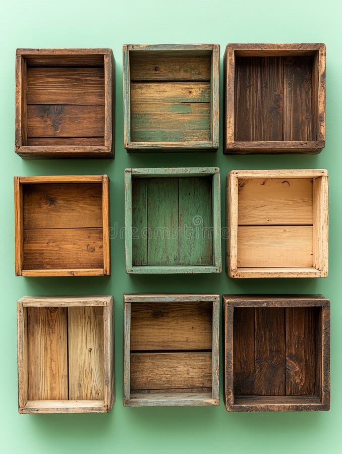 Nine Empty Wooden Boxes Arranged on a Green Background. Stock Photo ...
