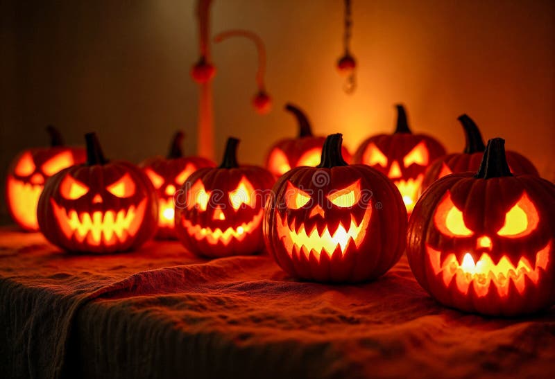 Nine Evil Jack-o -Lanterns with Spooky Eyes and Faces Stock Photo ...
