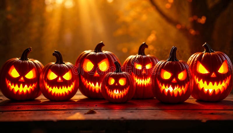 Nine Evil Jack-o -Lanterns with Spooky Eyes and Faces Stock Image ...