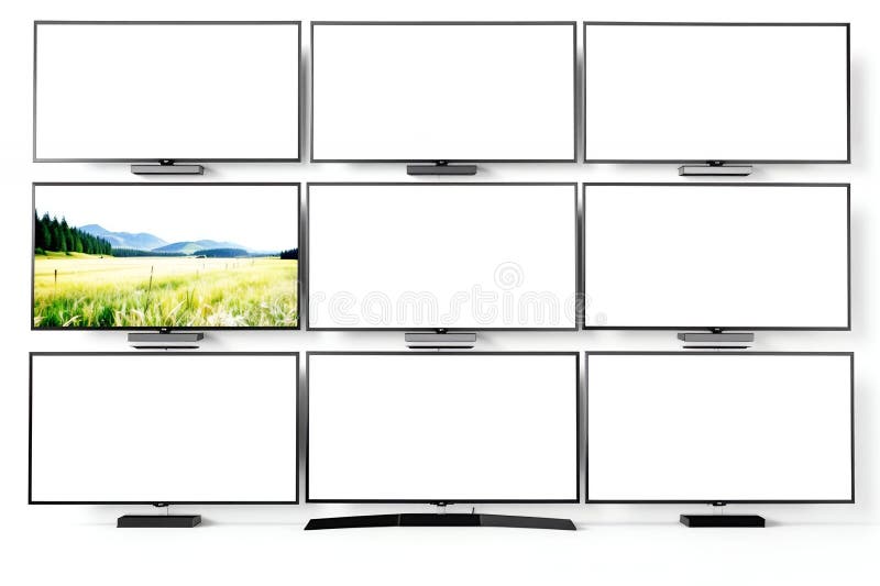 Nine Flat Screen Televisions Displaying a Landscape Image with a Clean ...