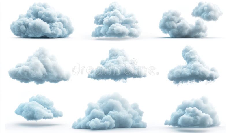 Nine Fluffy Cumulus Clouds on White Background Stock Illustration ...