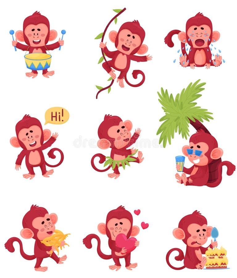 Set of Funny Red Monkeys in Different Actions and Poses Vector ...