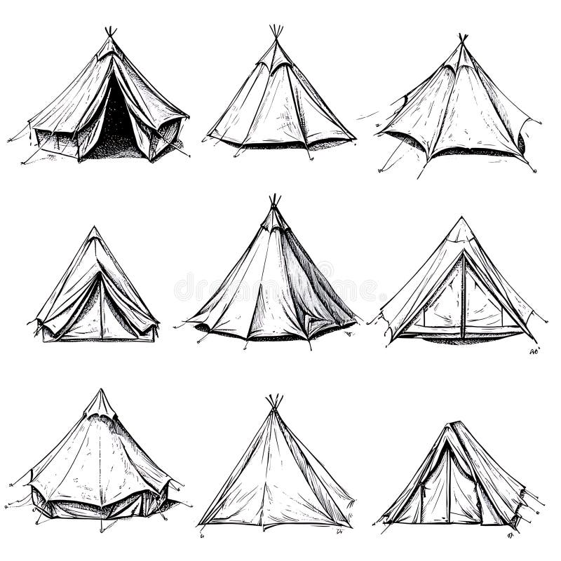 Nine Hand-drawn Camping Tents, Various Styles and Views Stock ...