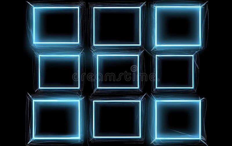 Nine Illuminated Rectangular Frames Arranged in a 3x3 Grid Against a ...