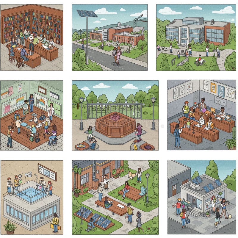 Nine Illustrated Panels Depict Different University Scenes. in the ...