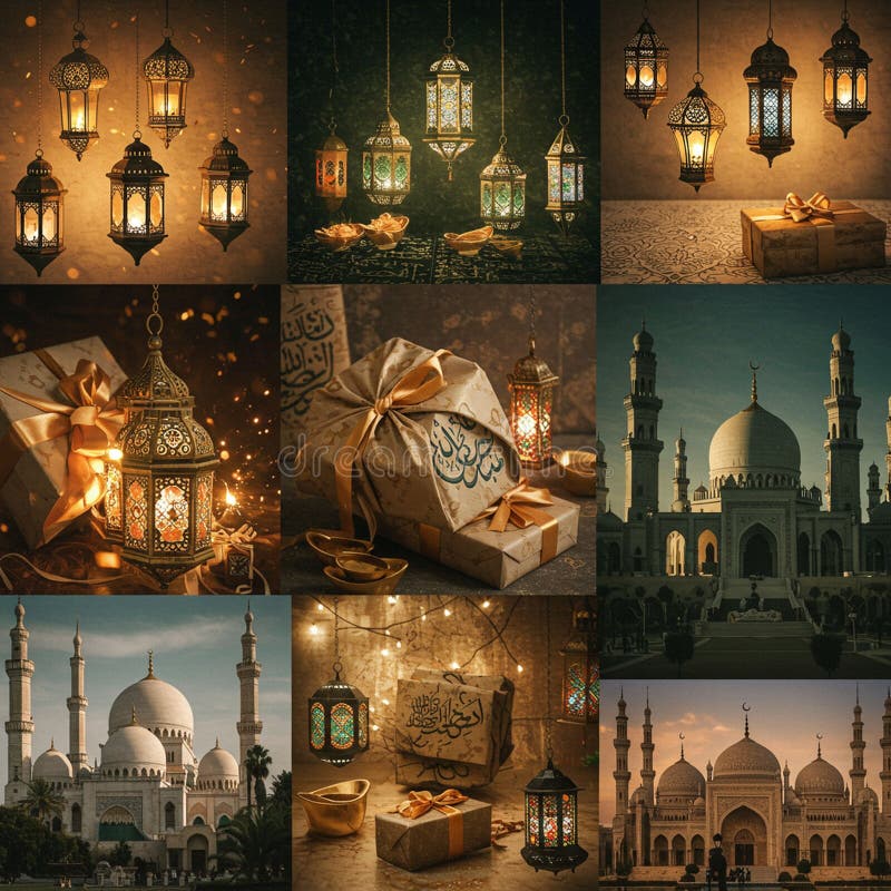 Nine-image Collage Featuring Traditional Ramadan Elements. Top Left and ...