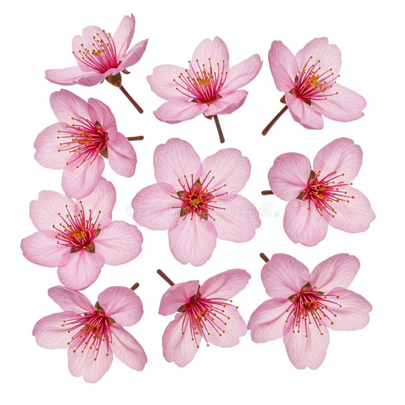 Nine Individual Pink Cherry Blossoms, Isolated on a White Background ...