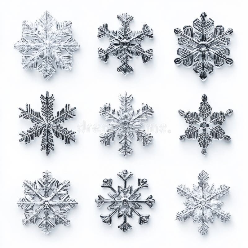 Nine Intricate Snowflakes on White Background Showcasing Unique Winter ...
