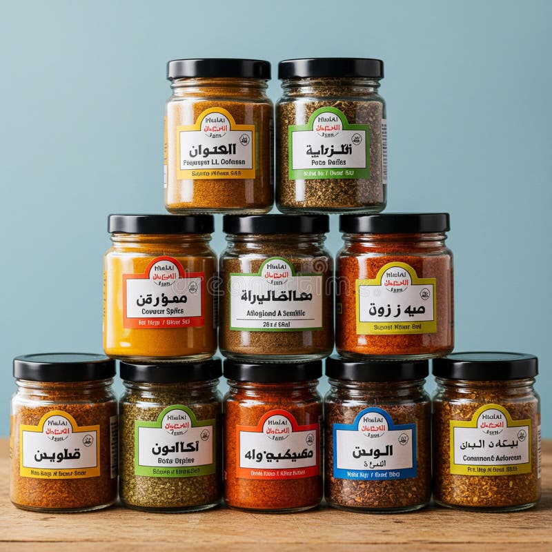 Nine Jars of Various Spices, Each with a Black Lid and a Colorful Label ...