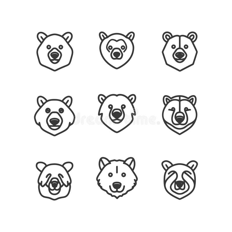 Nine Cute Bear Head Line Icons, Wildlife Animal Set Stock Vector ...