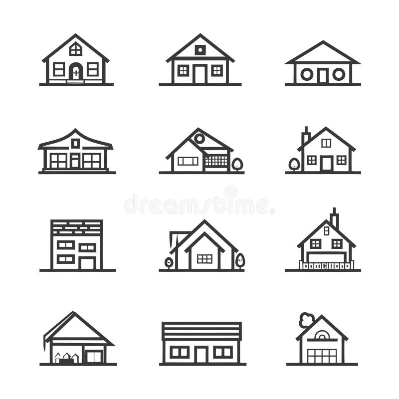 Collection of House Line Icons, Simple Home Building Vector ...